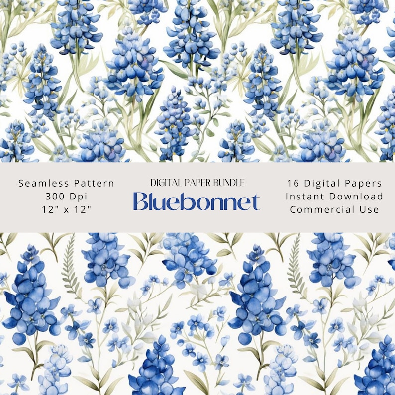 Bluebonnet Digital Paper Seamless Vintage Watercolor Scrapbook Paper ...