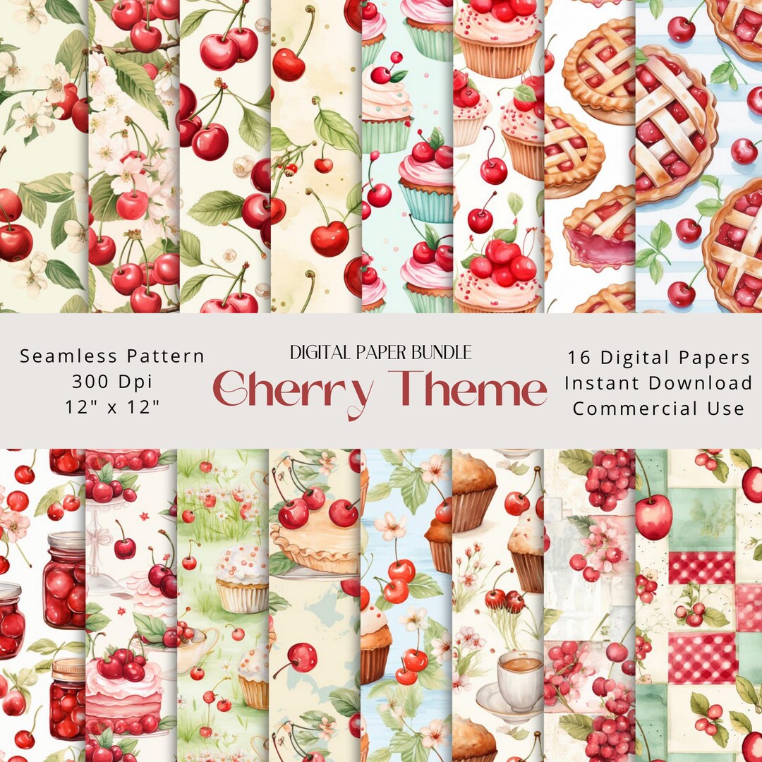 Cherry Digital Paper Seamless | Vintage Watercolor Scrapbook Papers ...