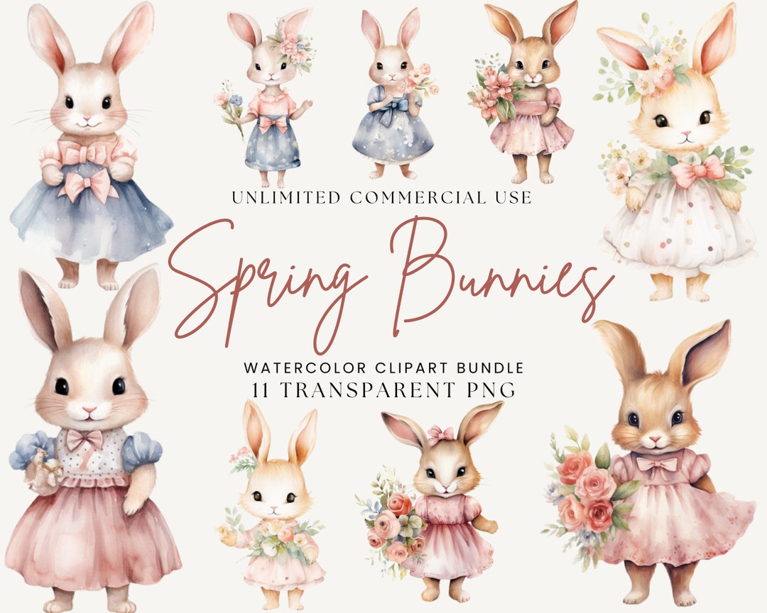 Spring Bunny Clipart Bundle Cute Nursery Bunny Watercolor Easter Bunny ...