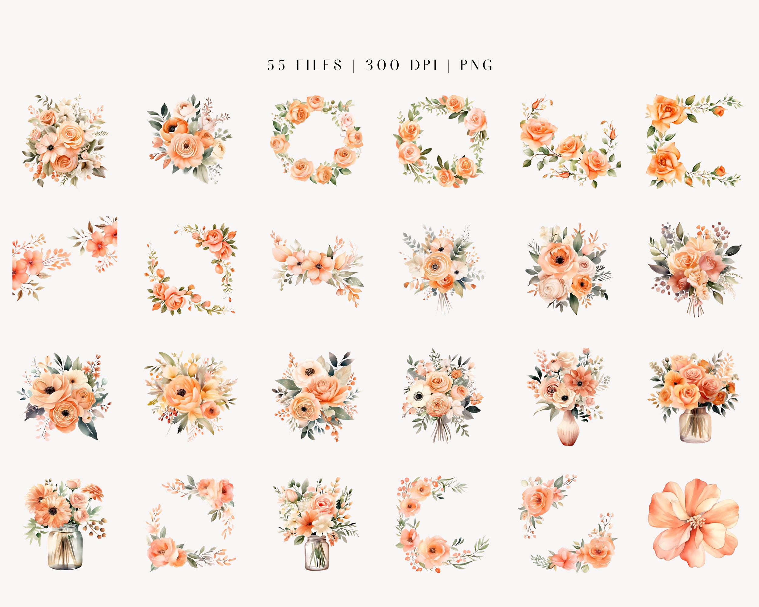Peach Floral Watercolor Clipart Peach Floral Bouquet, Wedding ...