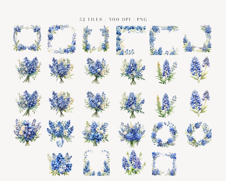 Bluebonnet Watercolor Clipart Bundle: Floral Wreath & Borders (PNG ...
