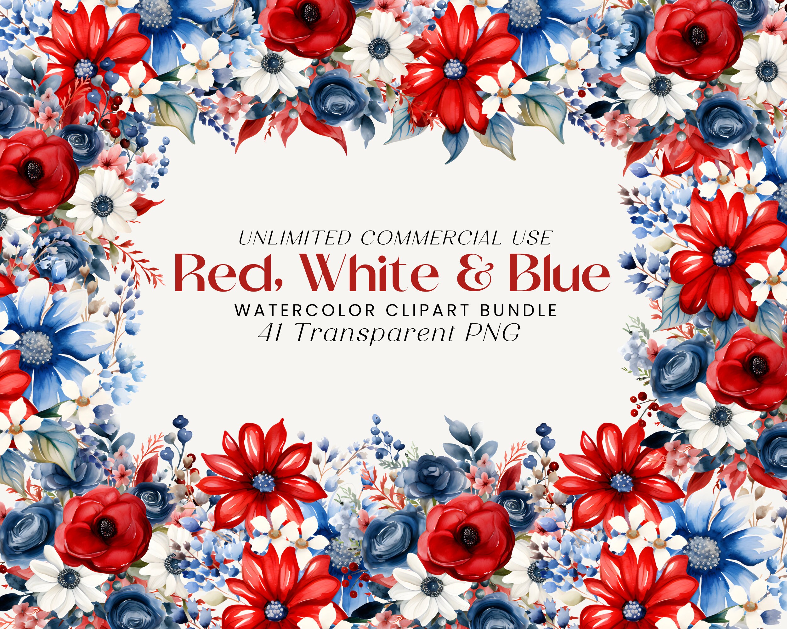 Red White & Blue Floral Clipart Bundle | Watercolor Clipart | Patriotic ...