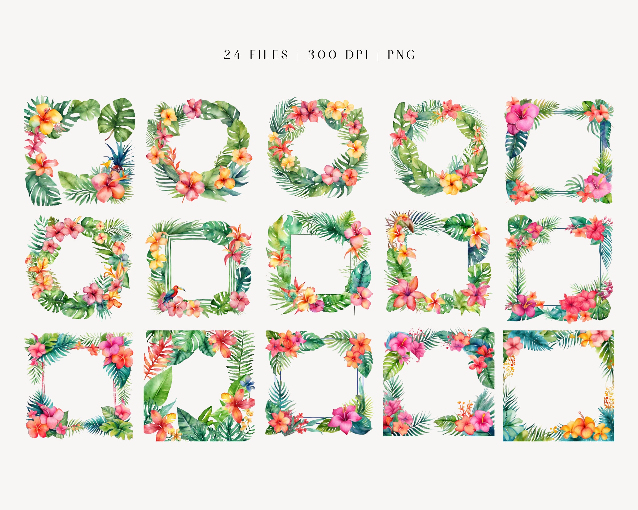 Watercolor Tropical Flower Borders & Wreaths Clipart (PNG Digital ...