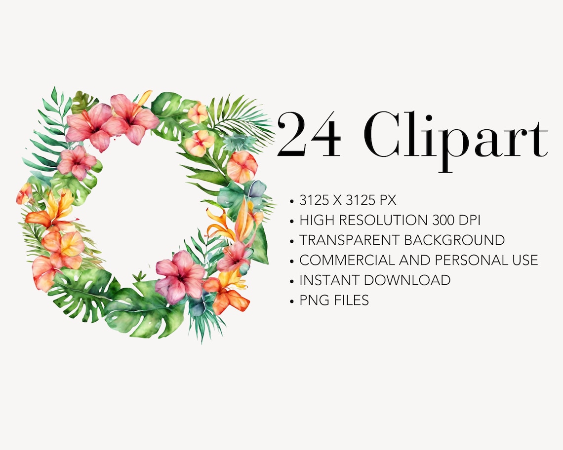 Watercolor Tropical Flower Borders & Wreaths Clipart (PNG Digital ...