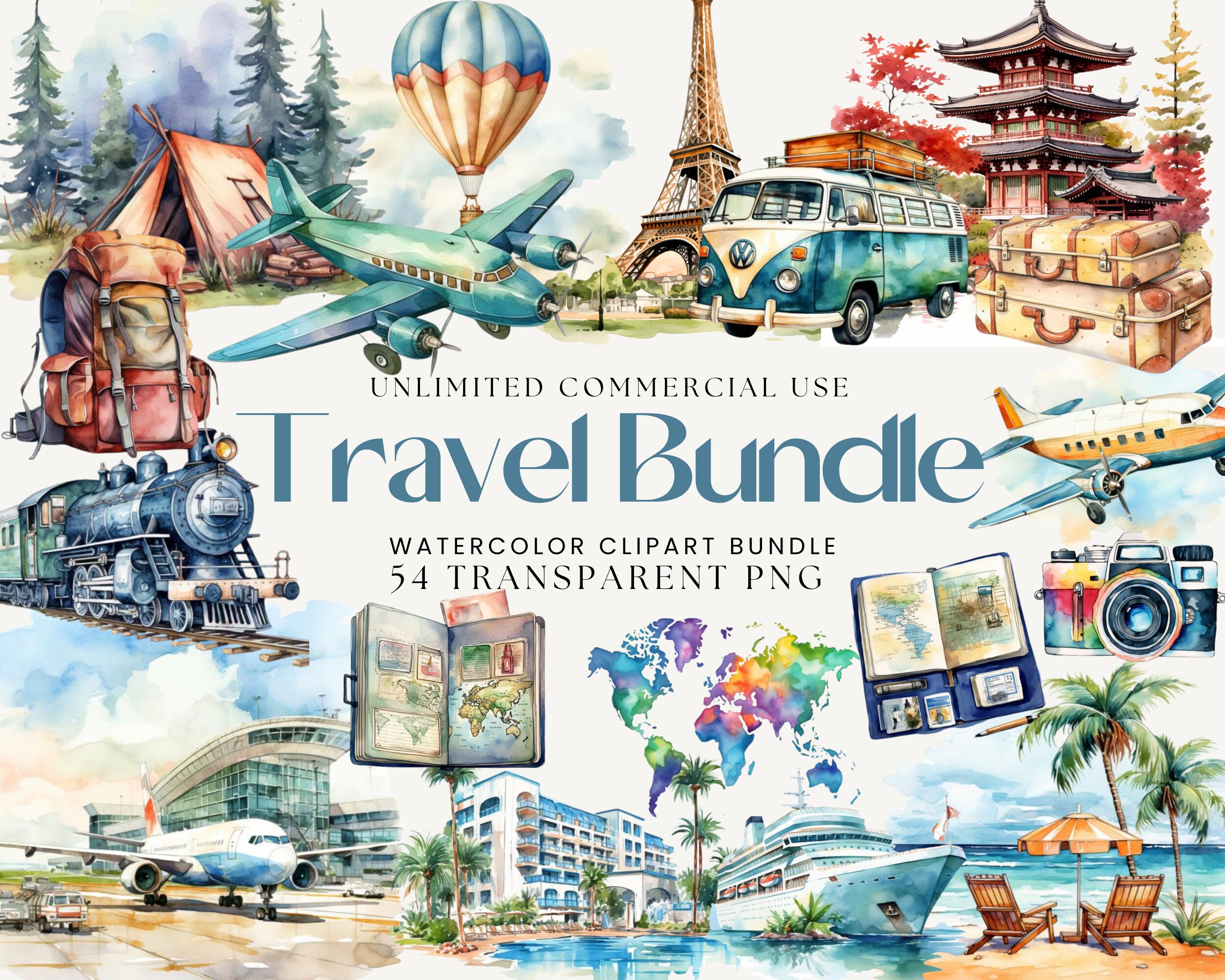 Watercolor Travel Clipart Bundle | Summer Vacation, Language, Beach ...
