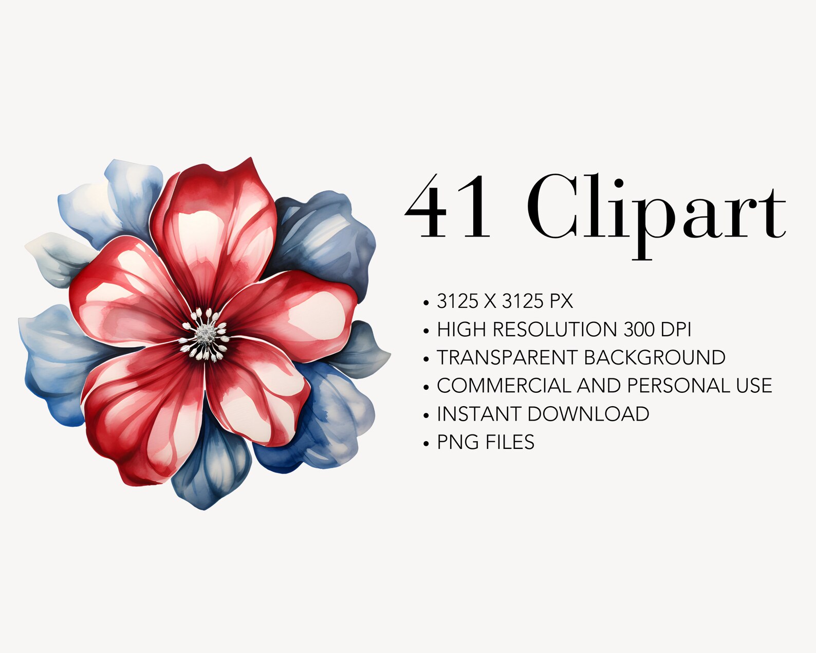 Red White & Blue Floral Clipart Bundle | Watercolor Clipart | Patriotic ...
