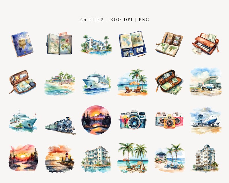 Watercolor Travel Clipart Bundle | Summer Vacation, Language, Beach ...