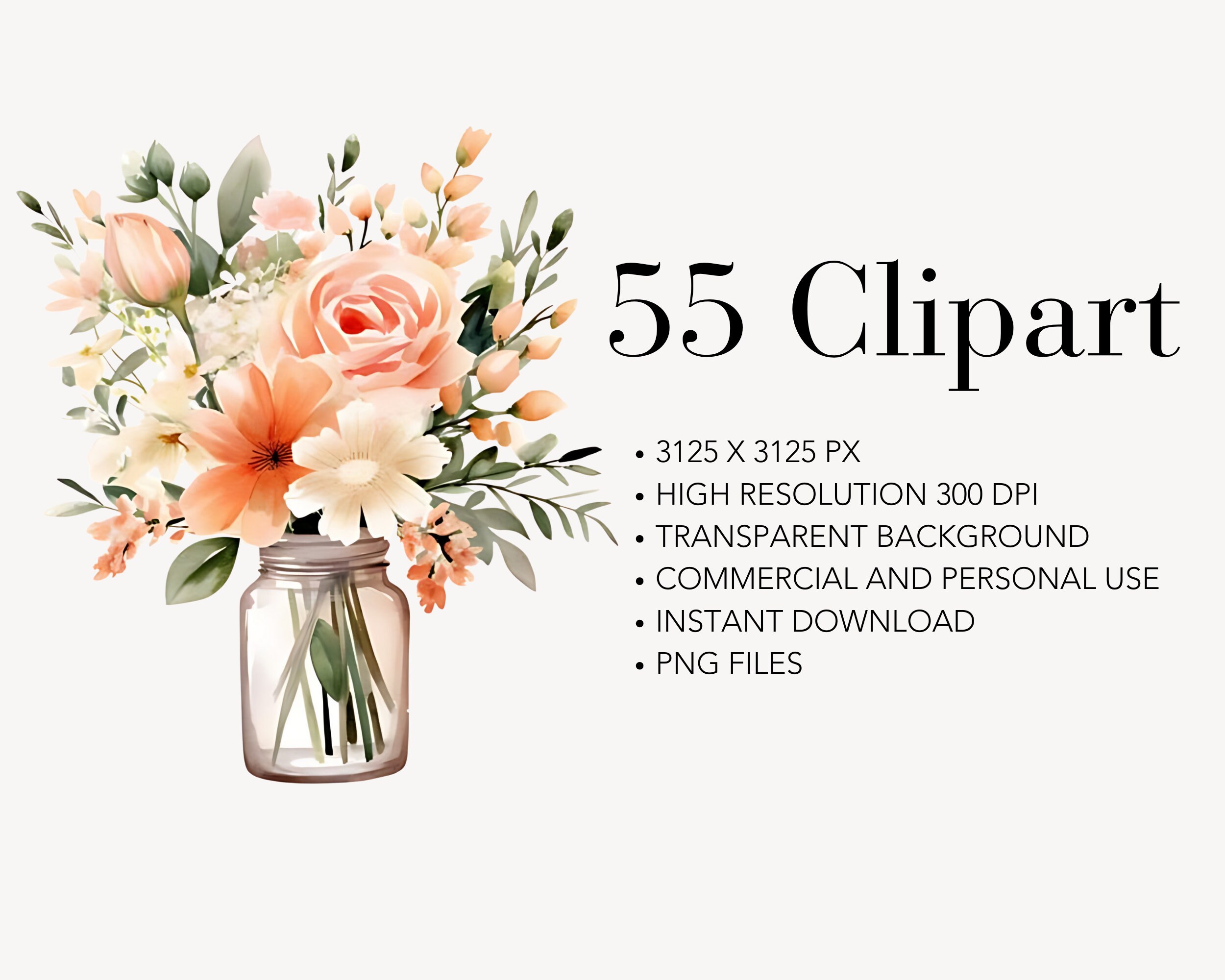 Peach Floral Watercolor Clipart | Peach Floral Bouquet, Wedding ...