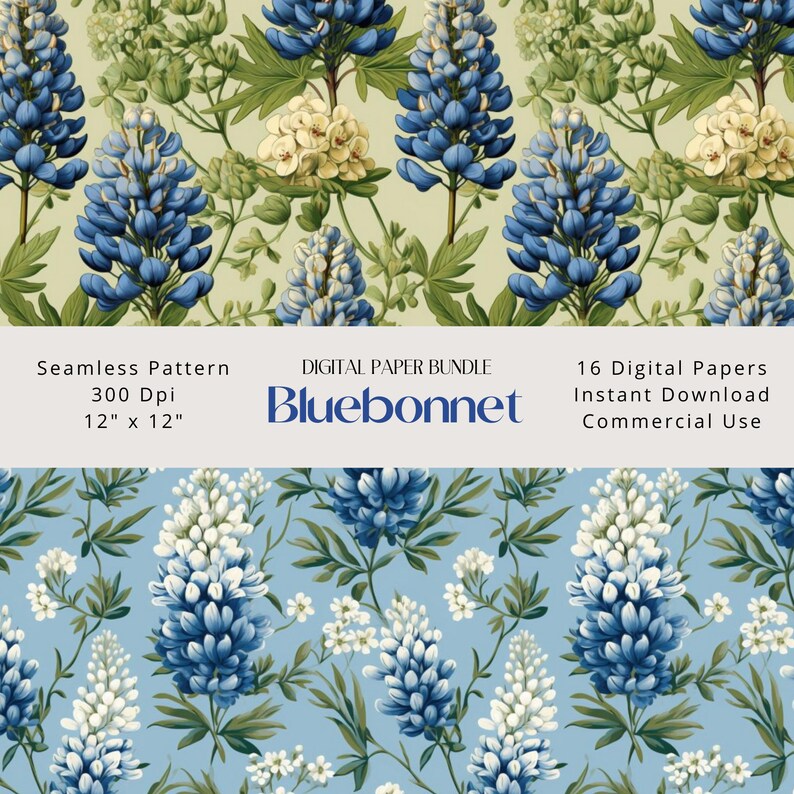 Bluebonnet Digital Paper Seamless Vintage Watercolor Scrapbook Paper ...
