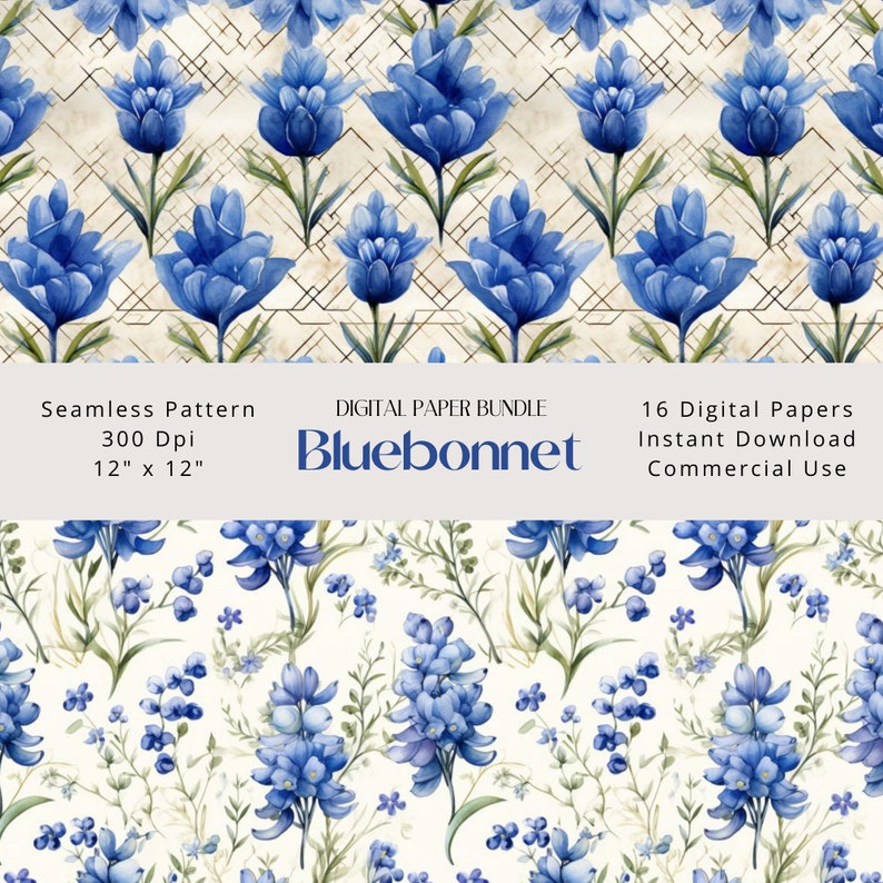 Bluebonnet Digital Paper: Vintage Floral Scrapbook, Junk Journal ...
