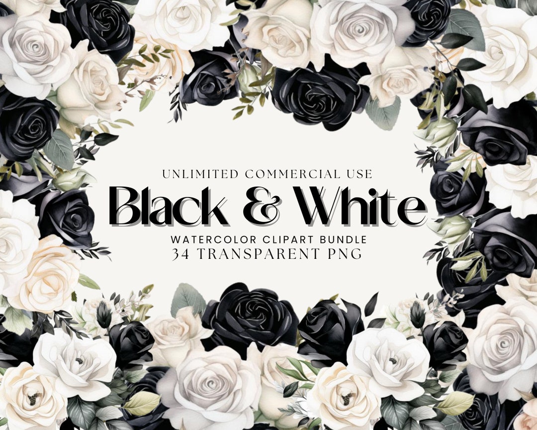 Watercolor Black & White Floral Clipart: Rose Bouquet, Wreath, Frame ...