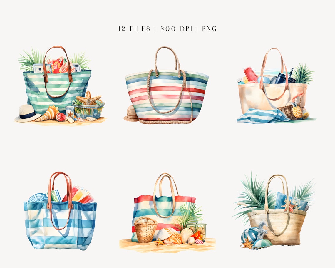 Beach Bag Watercolor Clipart Bundle Beach Clipart, Summer Vacation ...