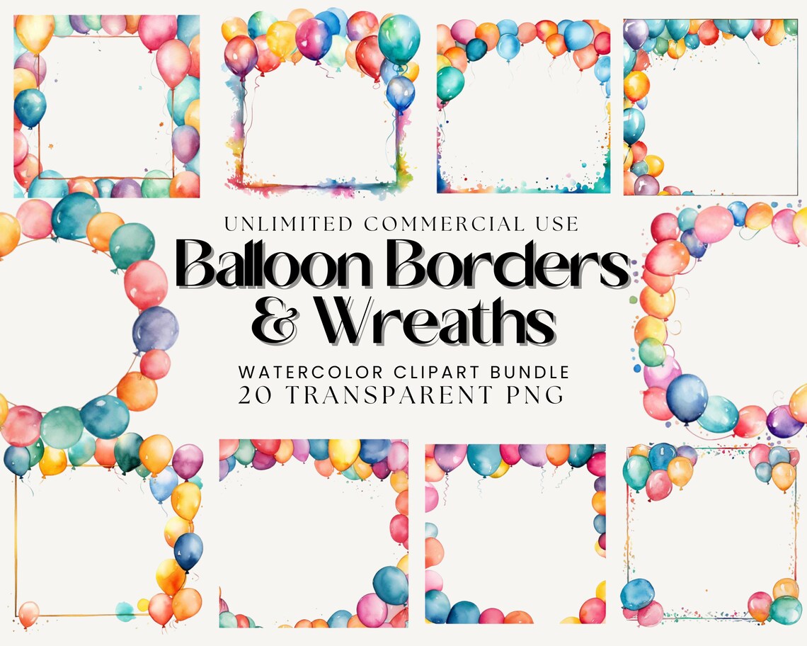 Watercolor Balloon Borders & Frames Clipart: Birthday Party Designs ...