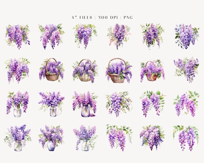 Watercolor Wisteria Clipart Bundle | Purple Flowers, Wisteria Frame ...