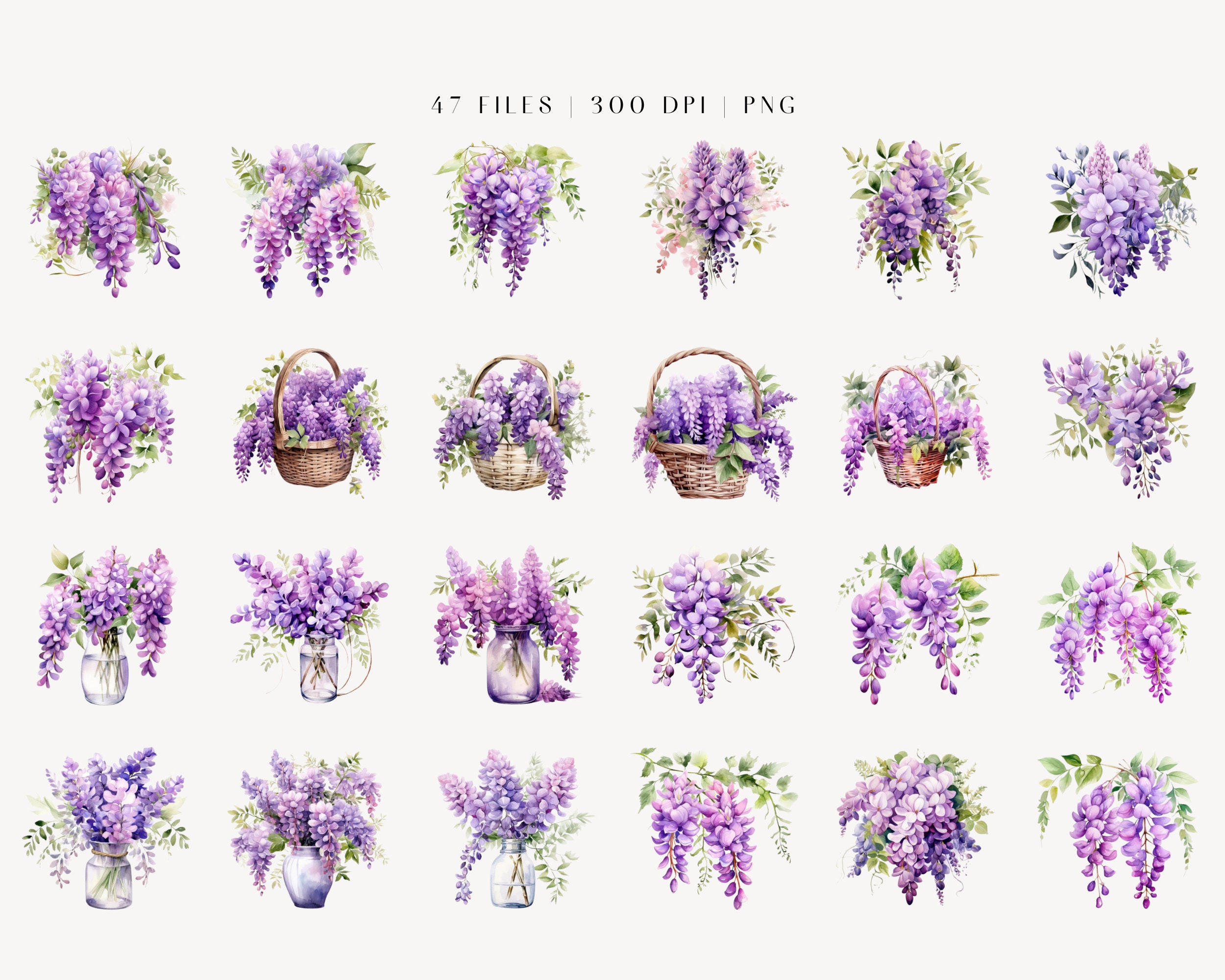 Watercolor Wisteria Clipart Bundle | Purple Flowers, Wisteria Frame ...