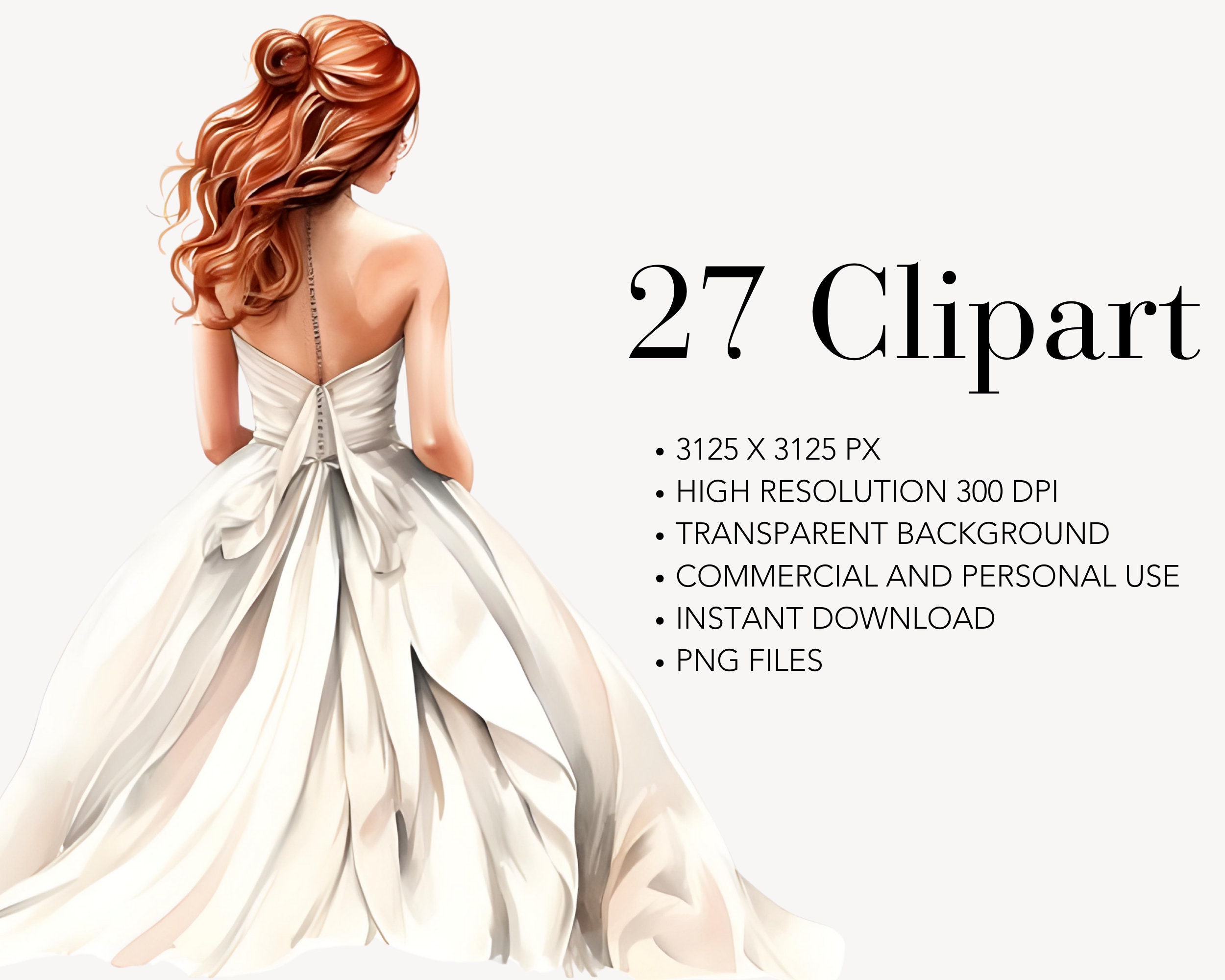 Watercolor Bride Clipart: Back View Wedding Dress PNG (digital Download ...