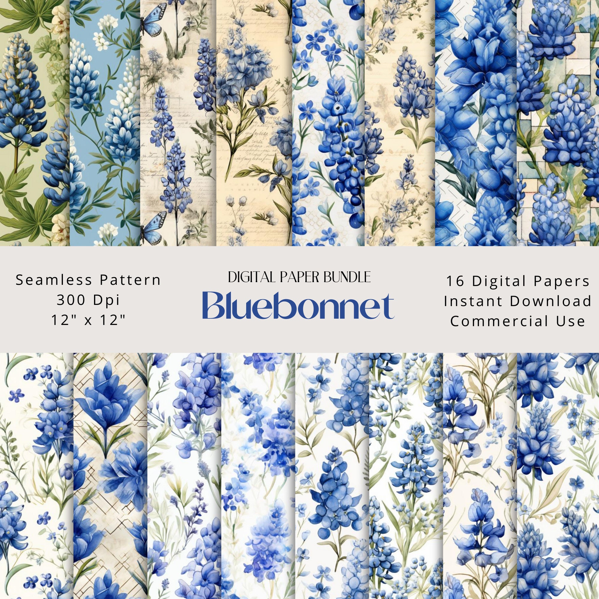 Bluebonnet Digital Paper Seamless | Vintage Watercolor Scrapbook Paper ...