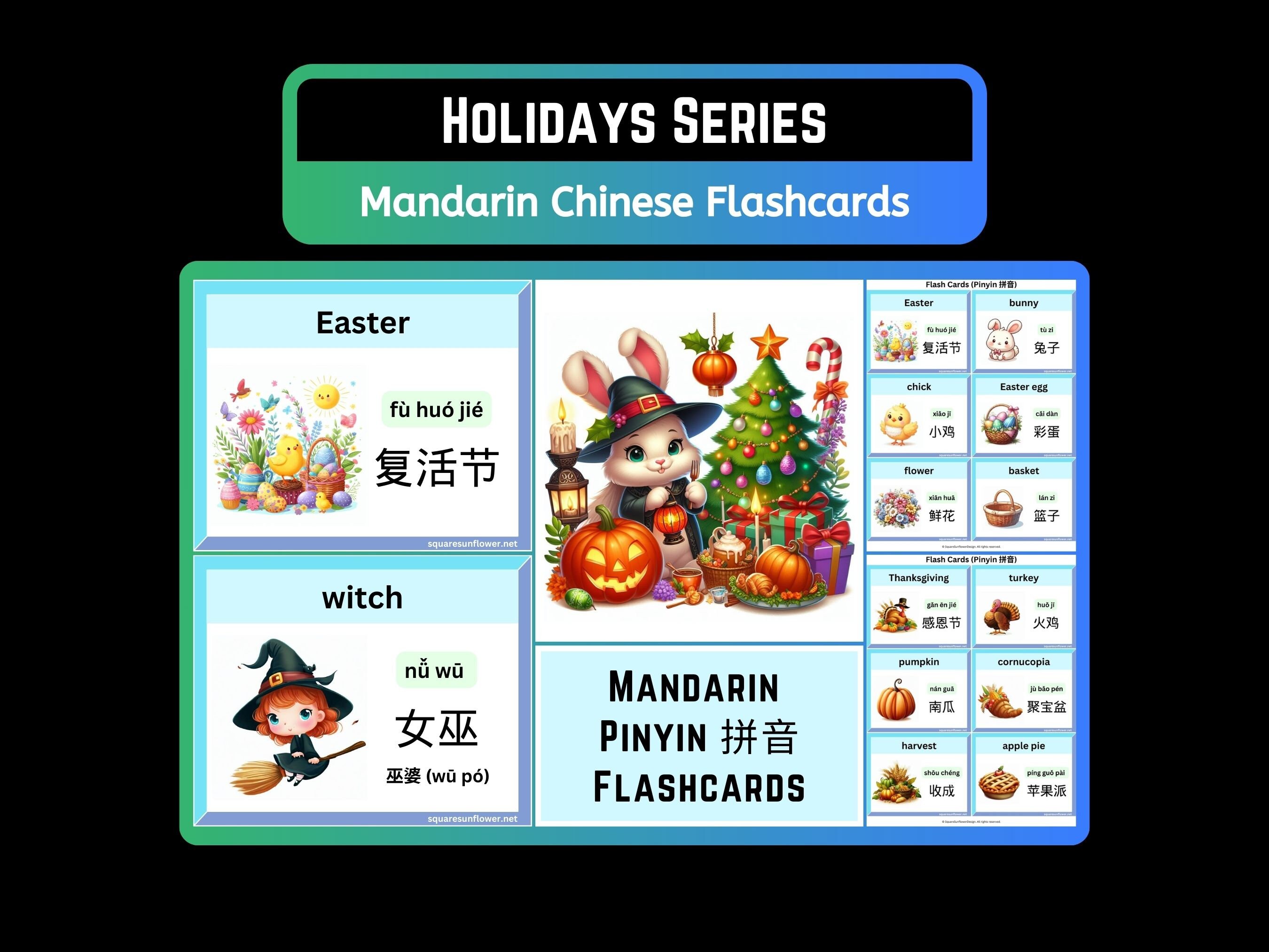 Mandarin Pinyin Flashcard for Learning Holiday Vocabularies Mandarin ...
