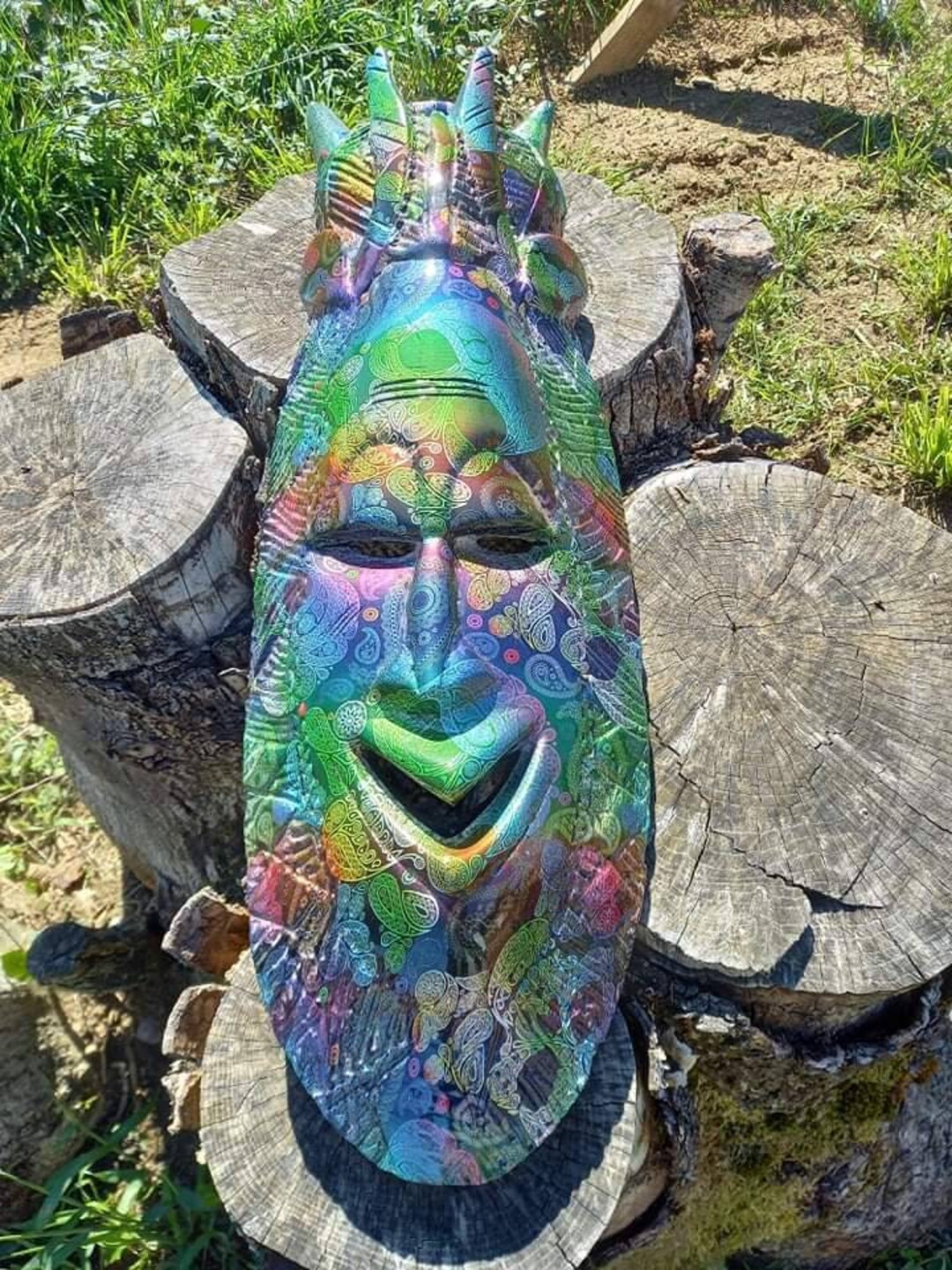 African Carved Large Wall Mask Metallic Effect Colorful Patterned With ...