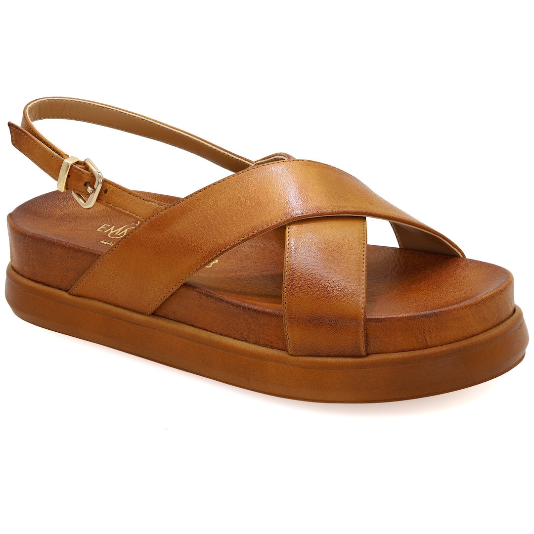 Comfortable Brown Leather Cross Straps Platform Sandals Classy Buckle ...