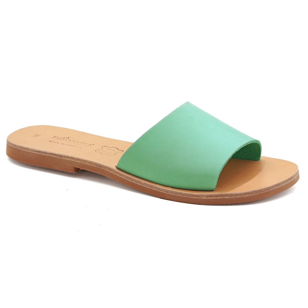 Turquoise Suede Leather Sandals Classy Greek Sandals Strappy Flat Slide ...