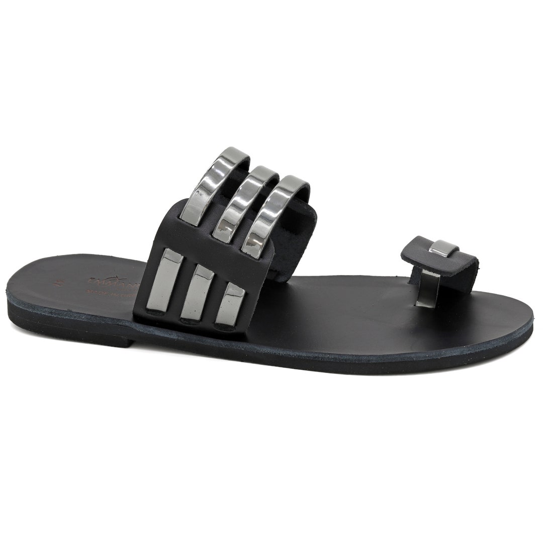 Greek Silver Leather Toe Ring Sandals Quality Slide on Summer Shoes for ...