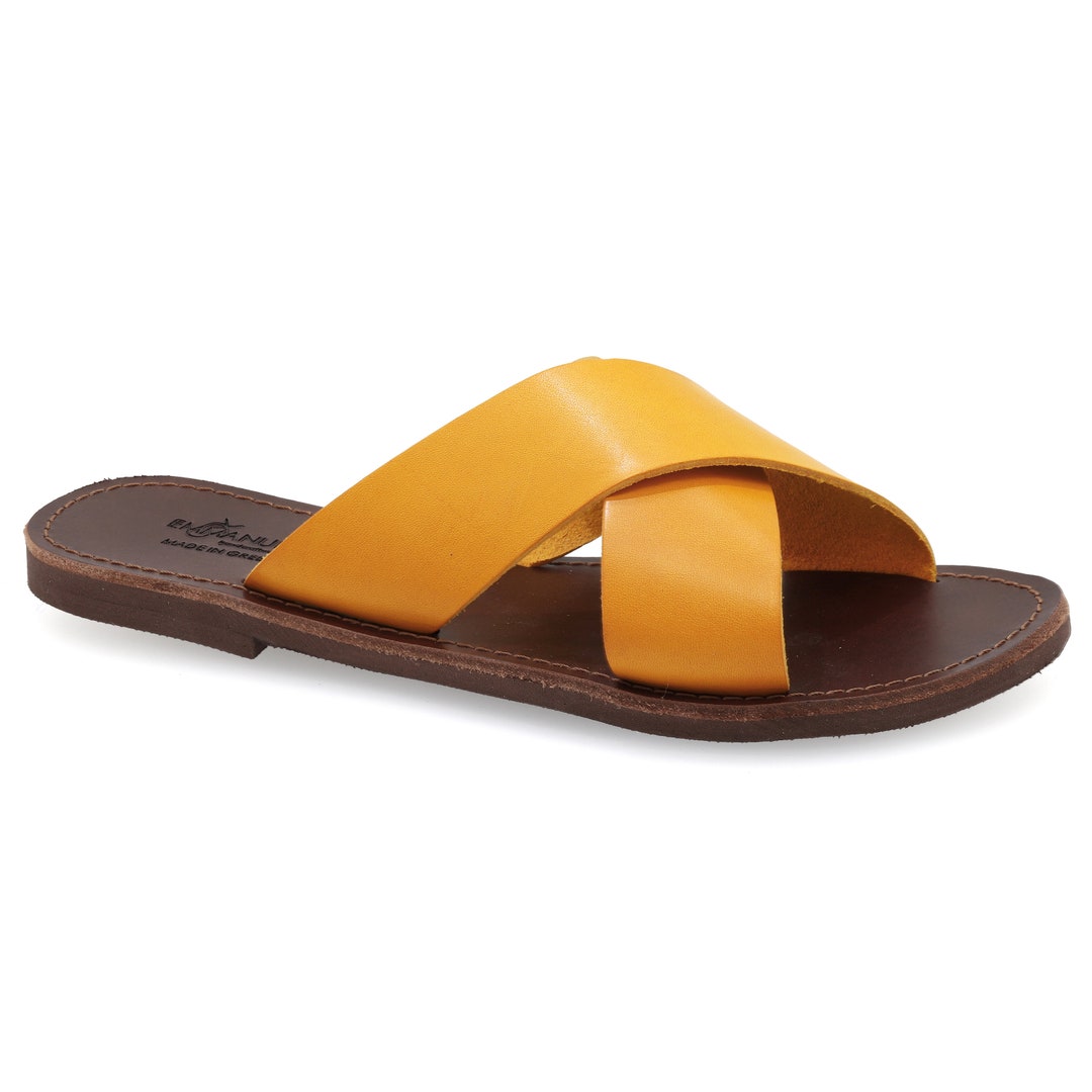 Yellow Mustard Cross Straps Leather Sandals Classy Greek Sandals X ...