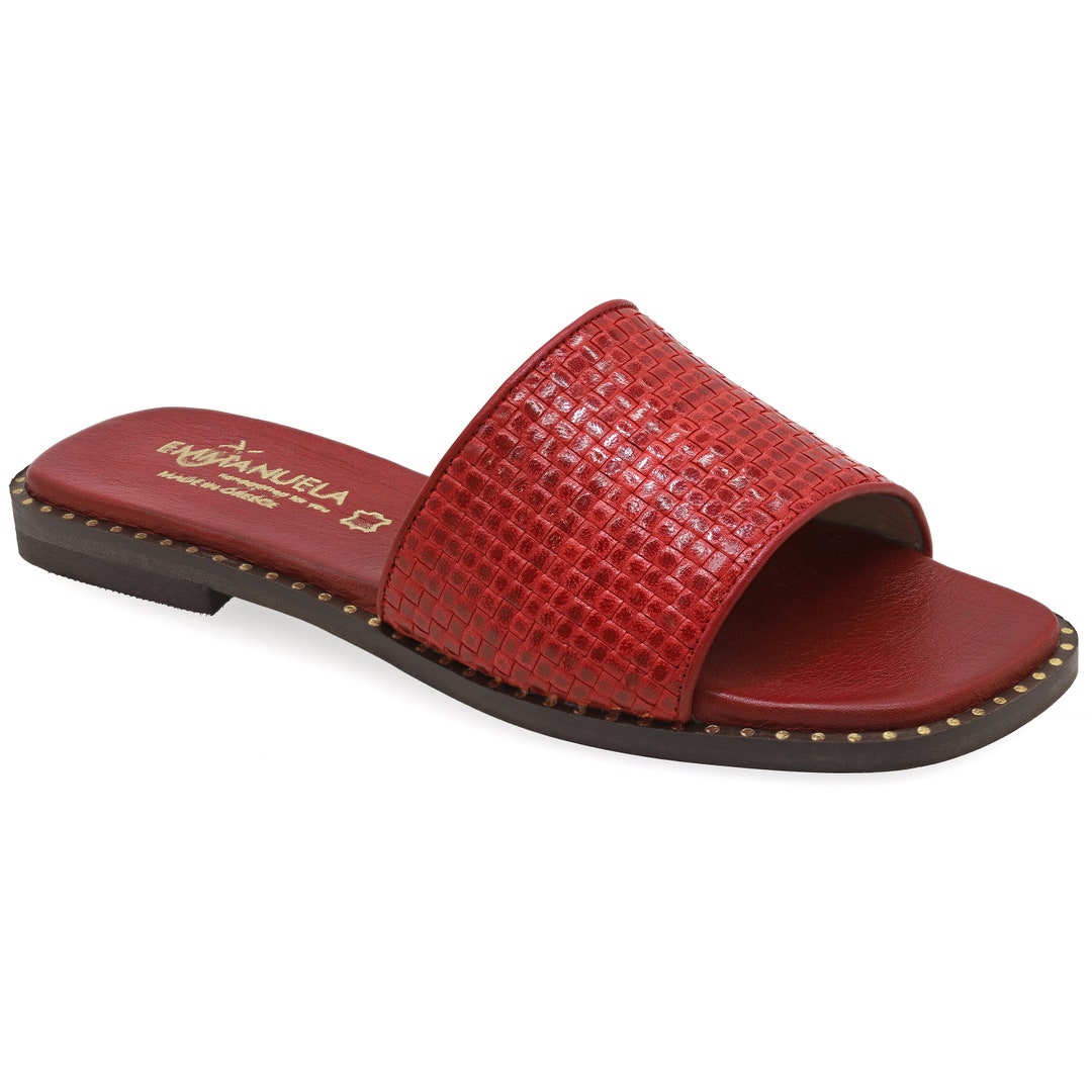 Comfortable Red Leather Flat Sandals, Greek Style Quality Slide on ...