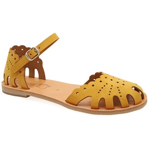 Mustard Yellow Leather Sandals Closed Toe Flat Sandals Summer Shoes for ...
