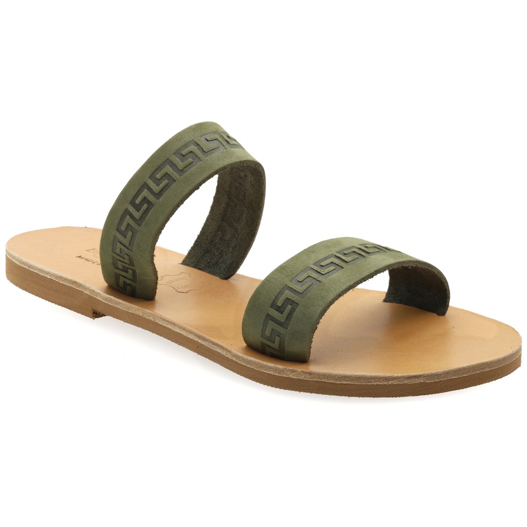 Greek Olive Green Suede Leather Sandals With Meanders Classy Ancient ...