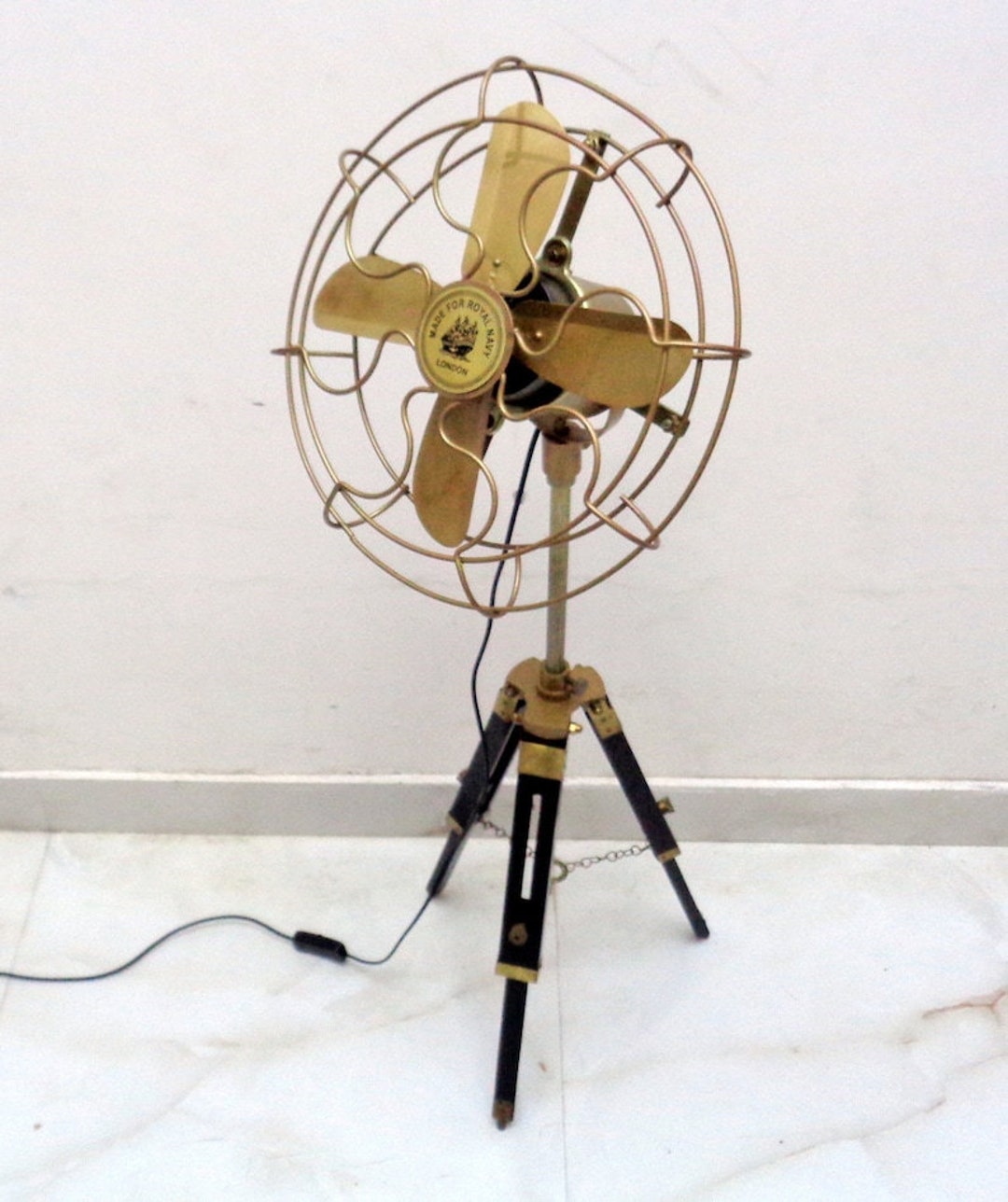 Brass Floor Fan With Wooden Tripod Stand Modern Studio Fan Home Decor ...