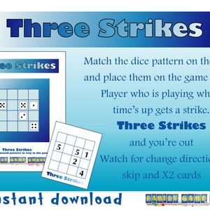 Printable Family Fun Dice Game Three Strikes, Printable Dice Game for ...