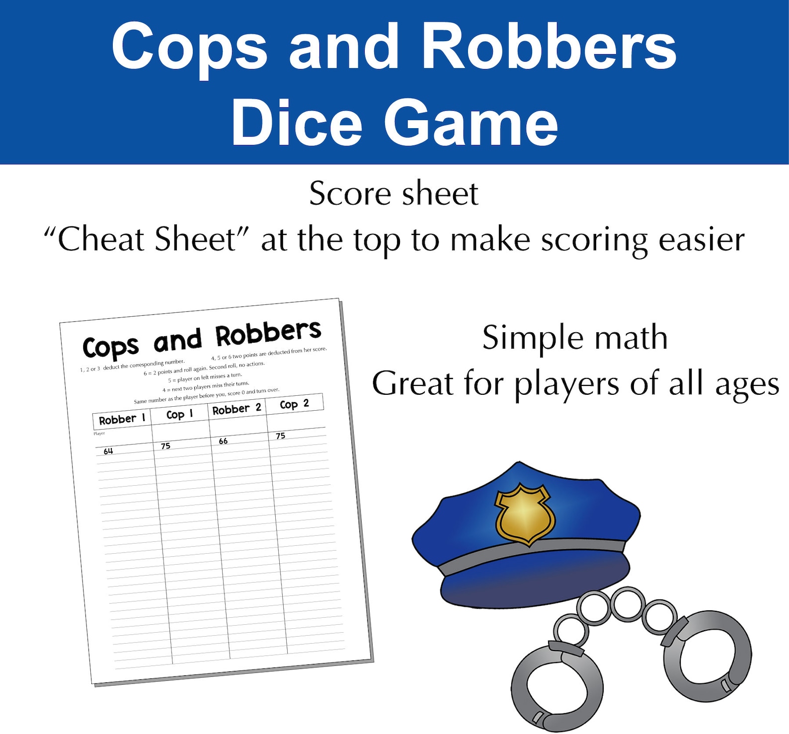Cops and Robbers Printable Dice Game for Family Game Night Kid's Dice ...