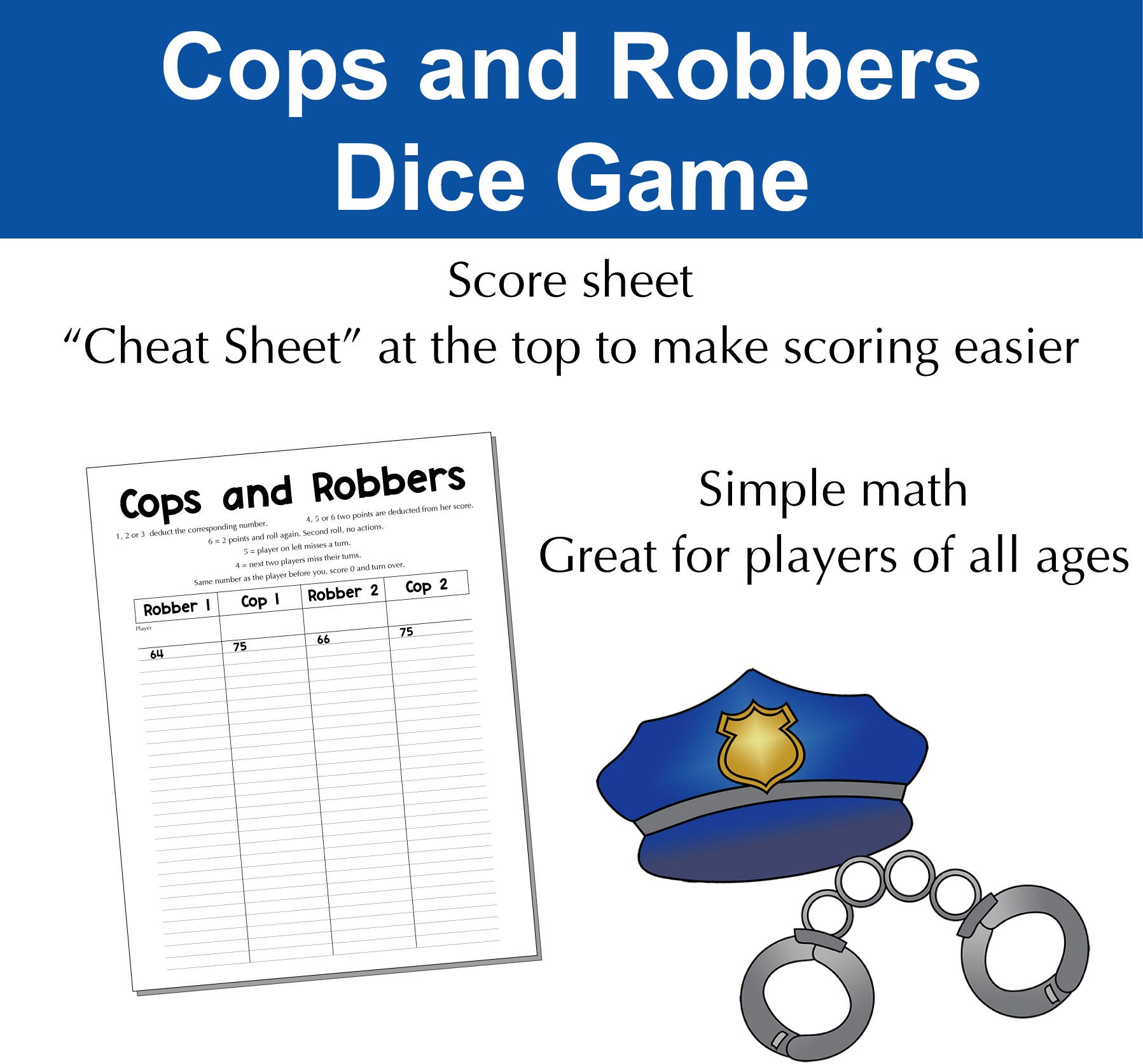 Cops and Robbers Printable Dice Game for Family Game Night Kid's Dice ...