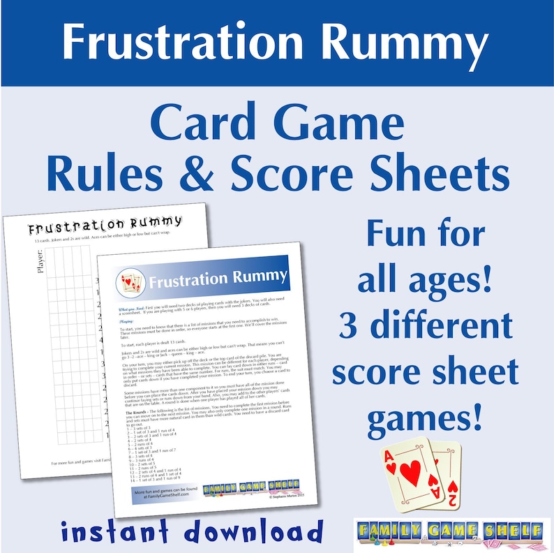 Printable Frustration Rummy Score Sheets, Card Game Rules for ...