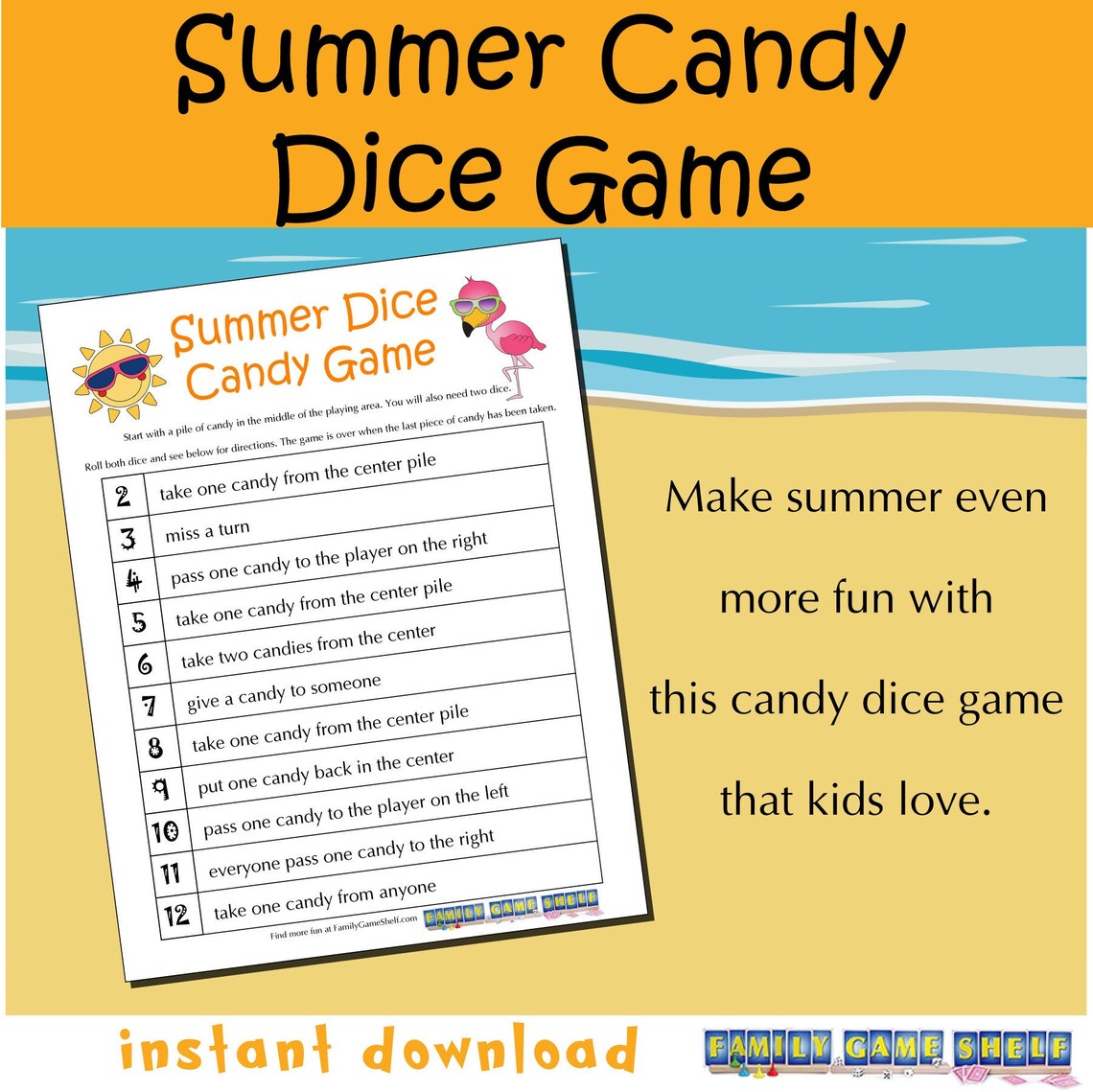 Printable Summer Candy Dice Game, Summer Printable Game, Summer Party ...