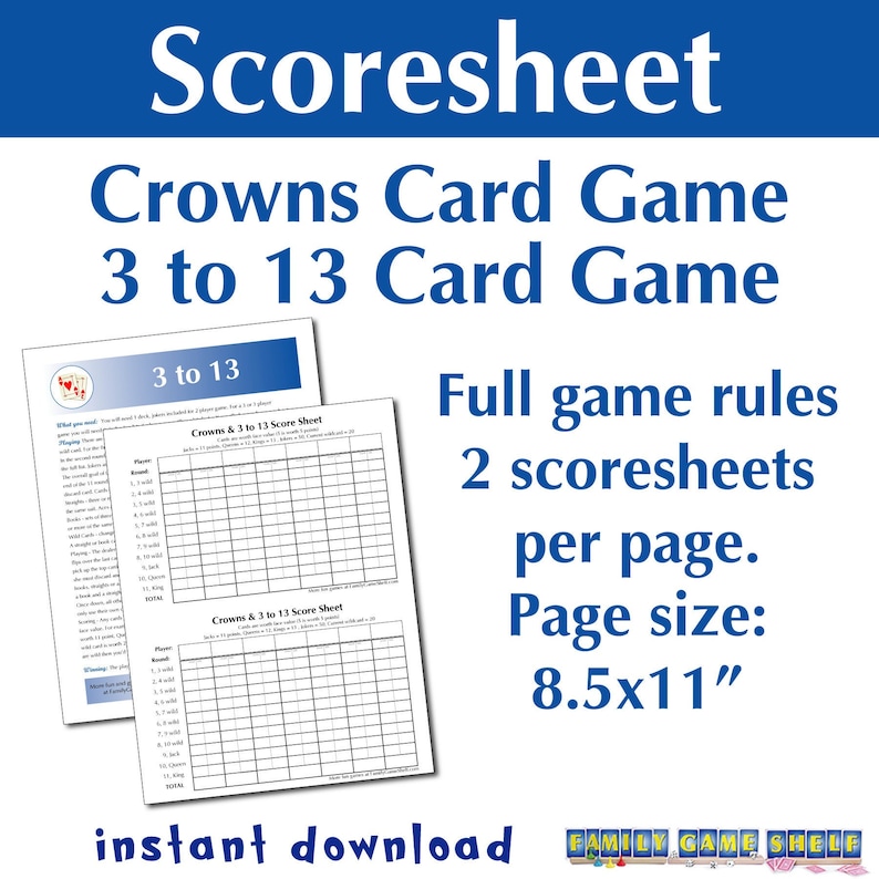 Printable Crowns Card Game and 3 to 13 Card Game Score Sheet - Etsy
