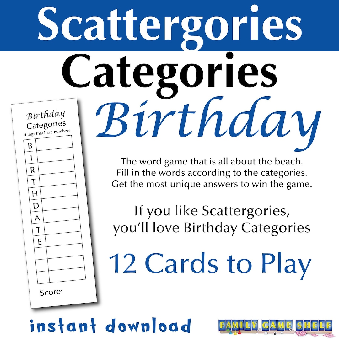 Printable Birthday Scattergories Categories Board Game, Birthday Party ...