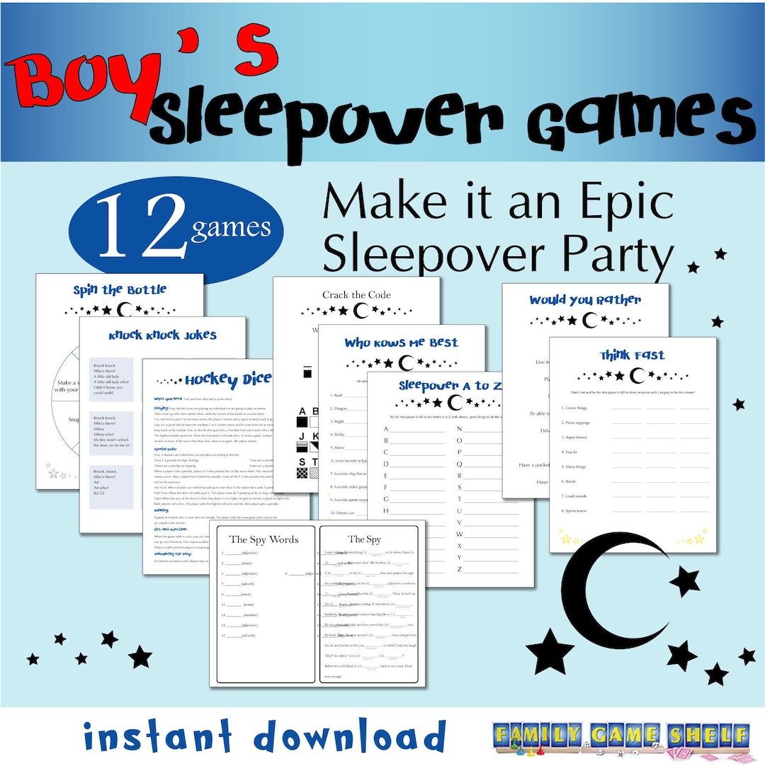 Printable Boys Sleepover Games, Slumber Party Games, Sleepover Party ...