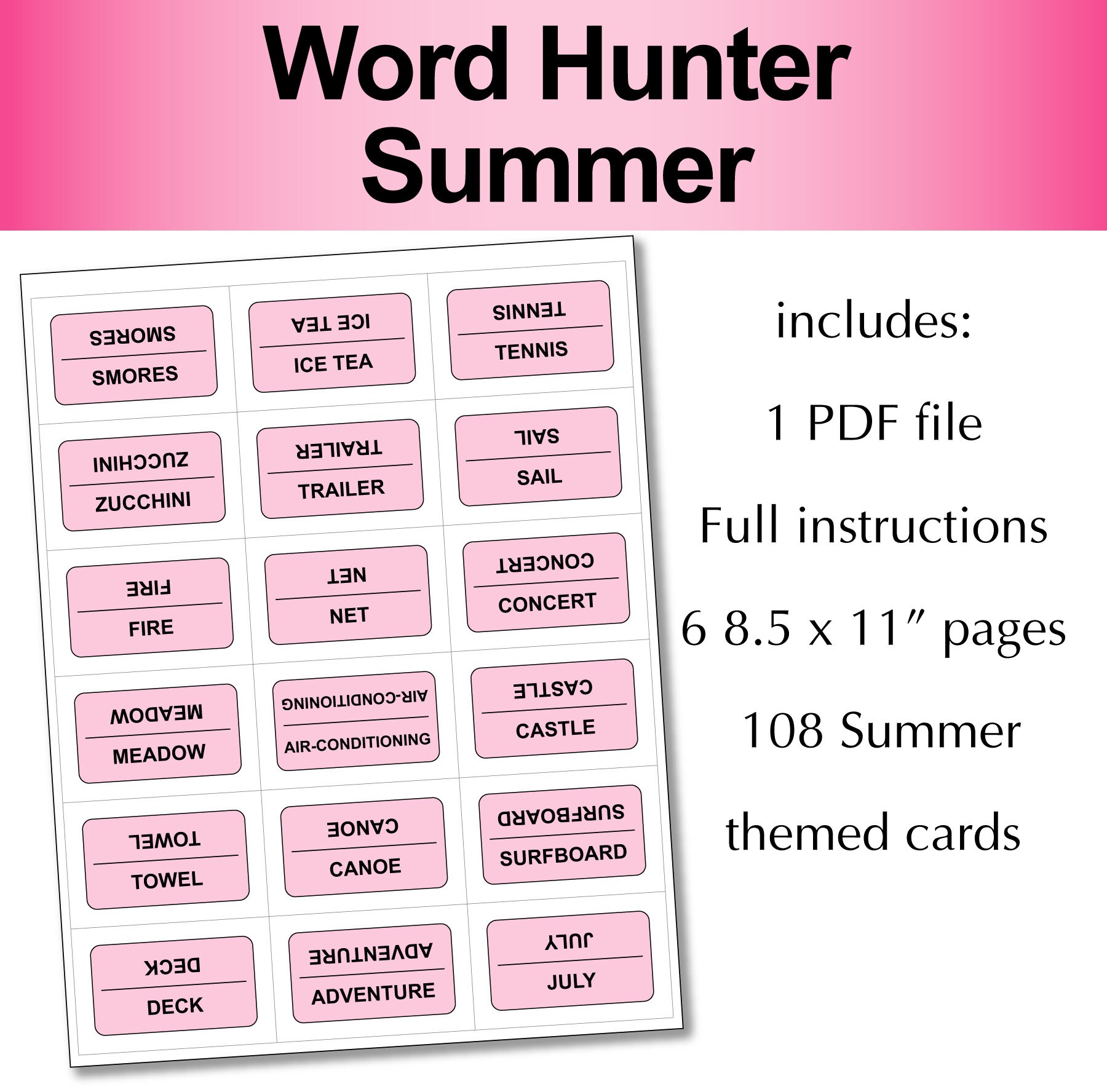 Printable Summer Word Game, Word Hunter Summer, Word Deduction Game ...