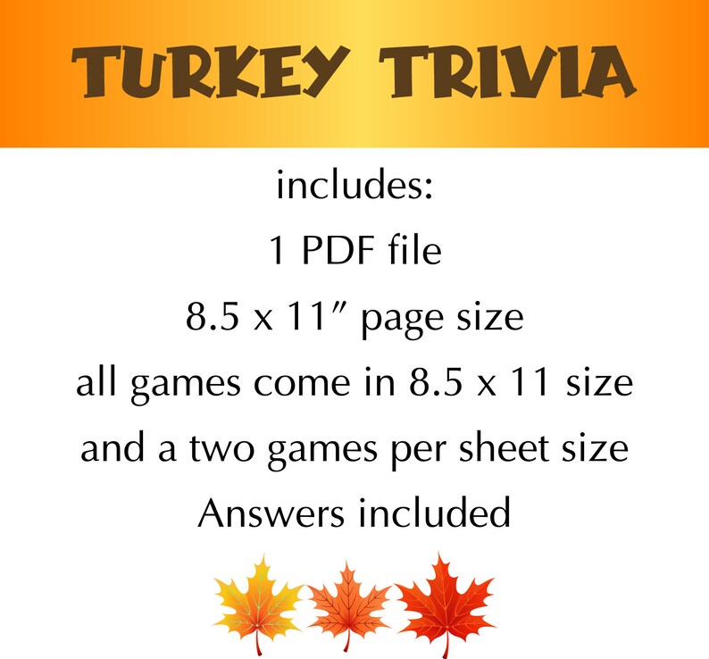 Printable Turkey Trivia Thanksgiving Trivia Party Game for Thanksgiving ...