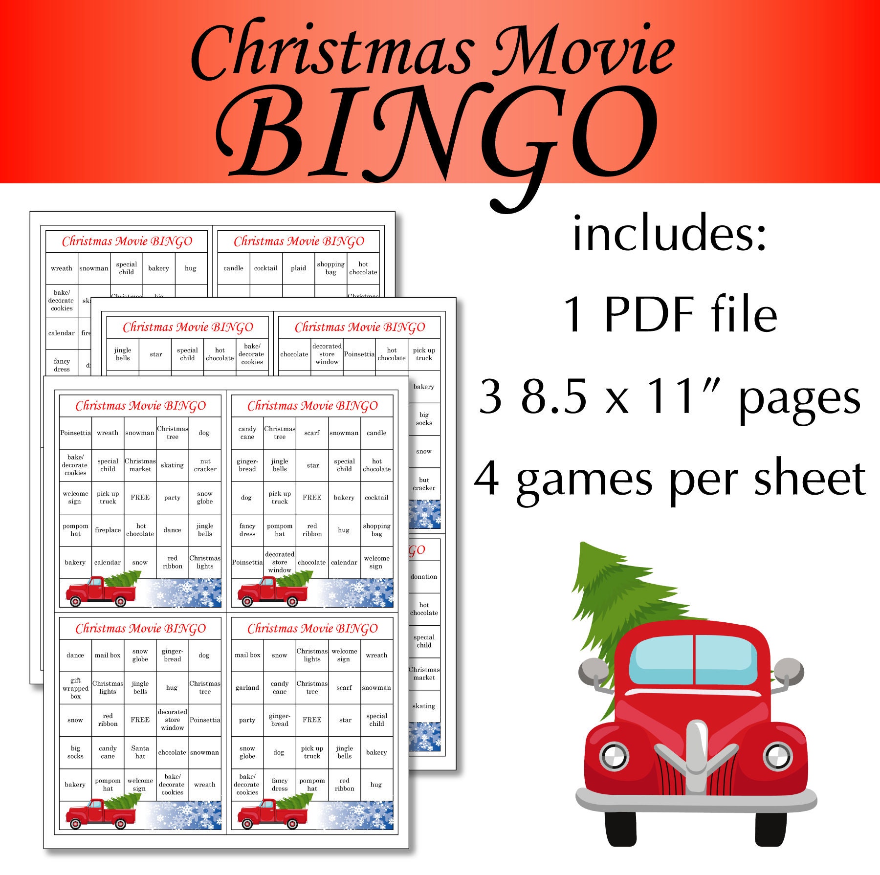 Printable Christmas Movie Bingo Game, Christmas Movie Night Party Game ...