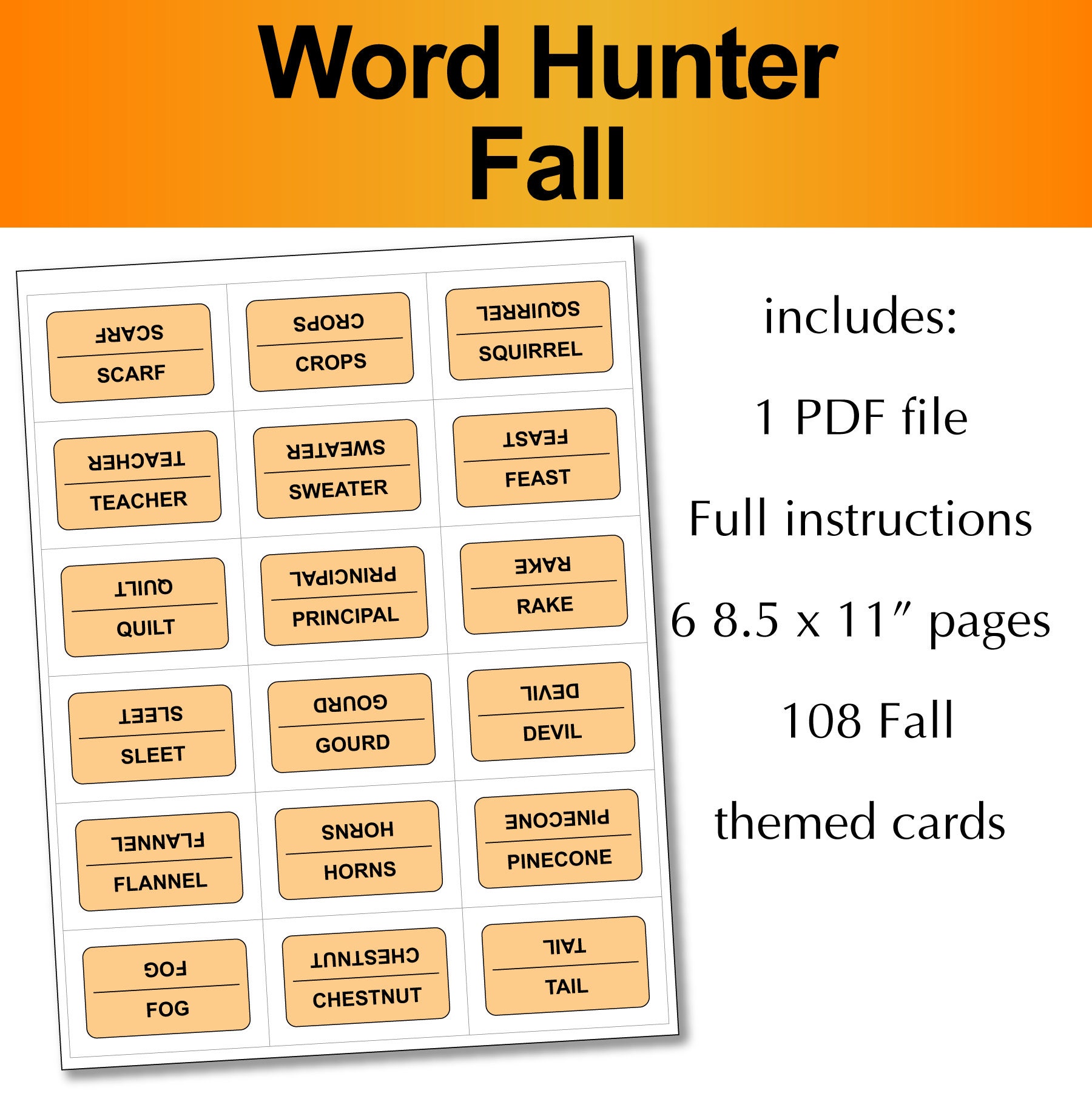 Printable Fall Word Game, Word Hunter Deduction Game, Family Board Game ...