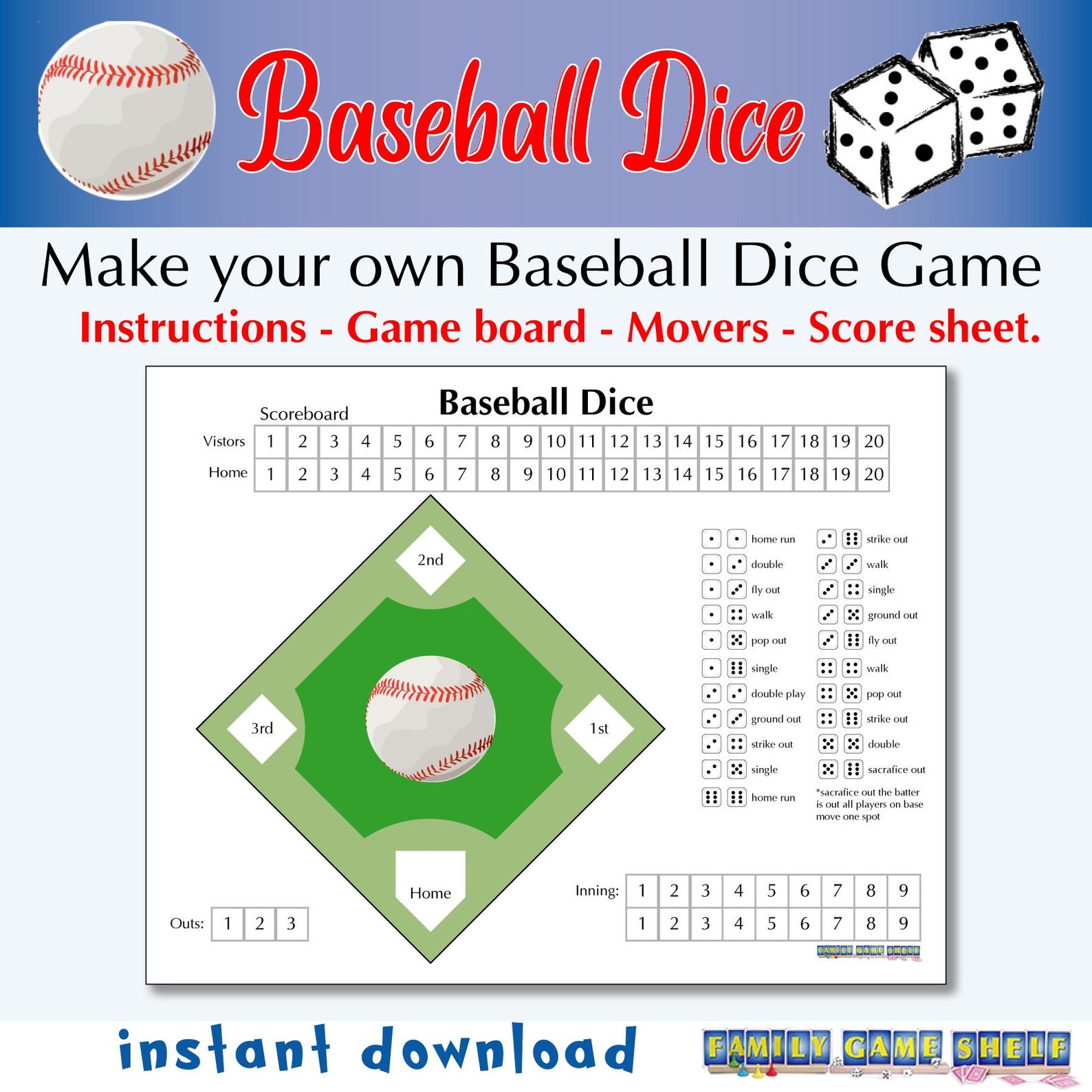 Baseball Dice Game Printable, Baseball Party Game, Gift for Baseball ...