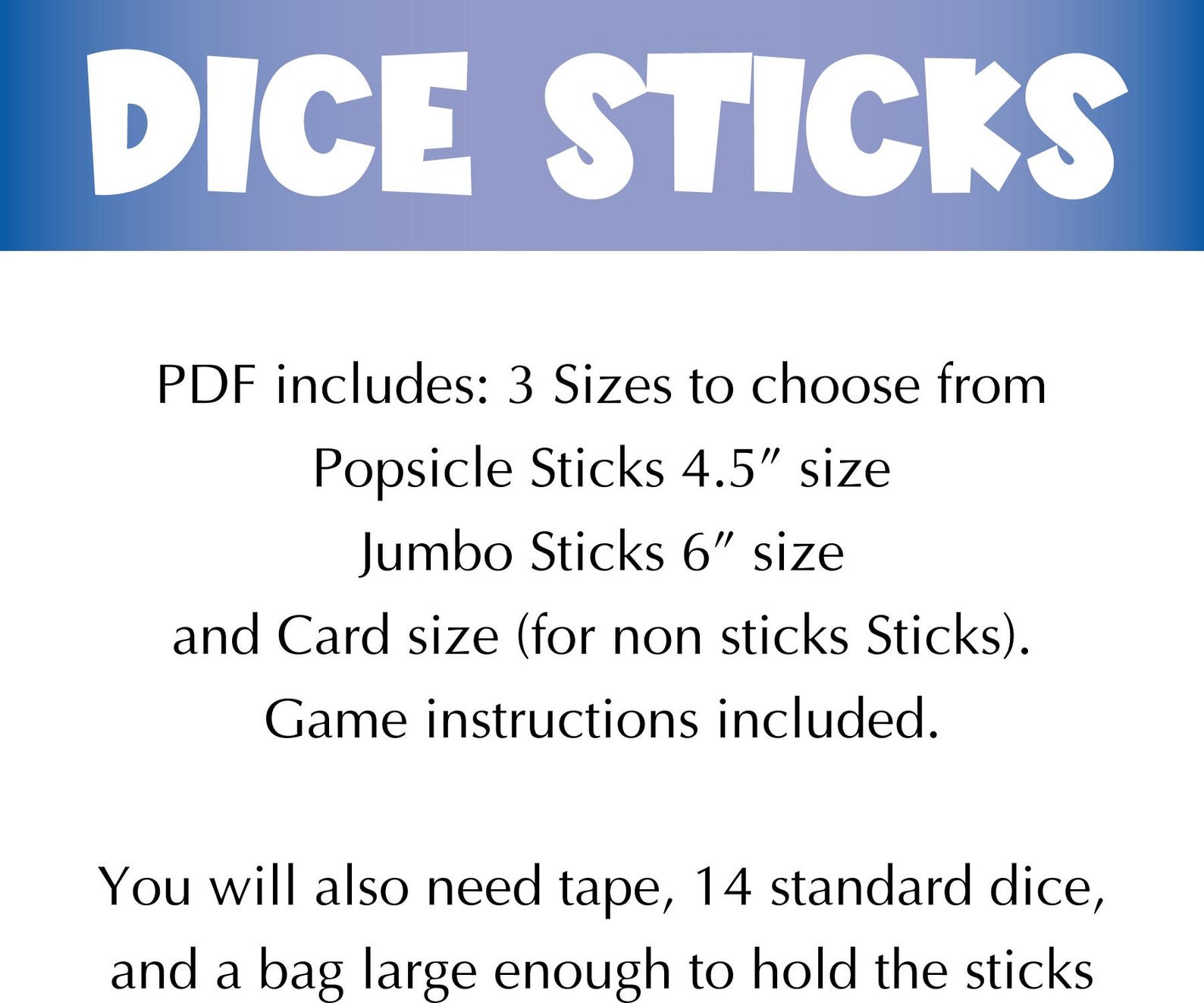 Printable Sticks Dice Game, Template for Sticks, Print at Home Sticks ...