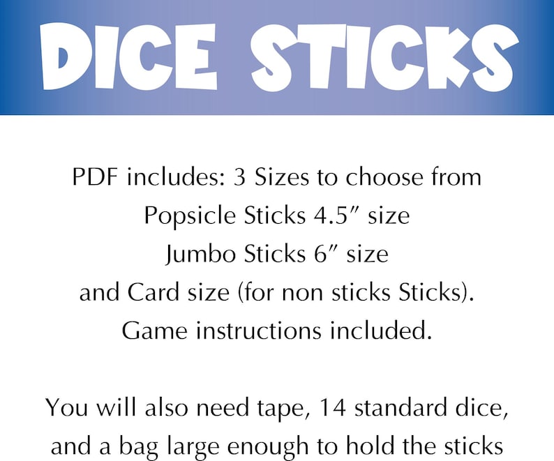 Printable Sticks Dice Game, Template for Sticks, Print at Home Sticks ...