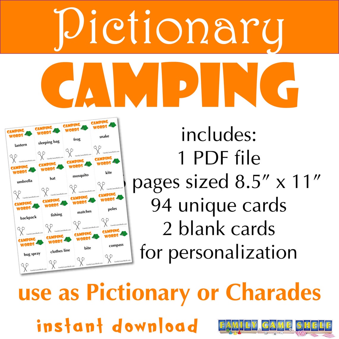 Printable Camping Pictionary or Charades Cards, Camping Party Game ...