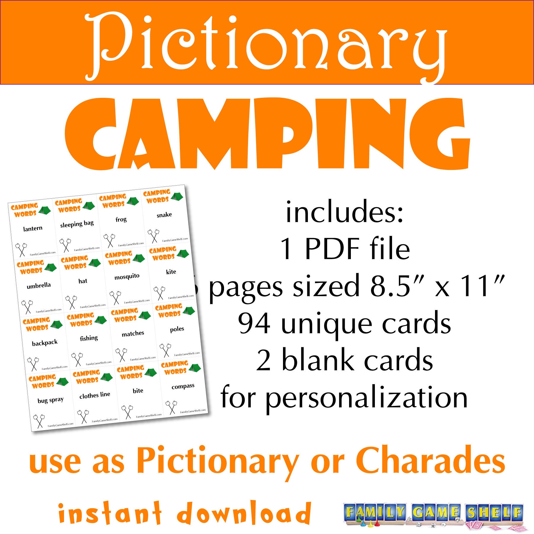 Printable Camping Pictionary or Charades Cards, Camping Party Game ...