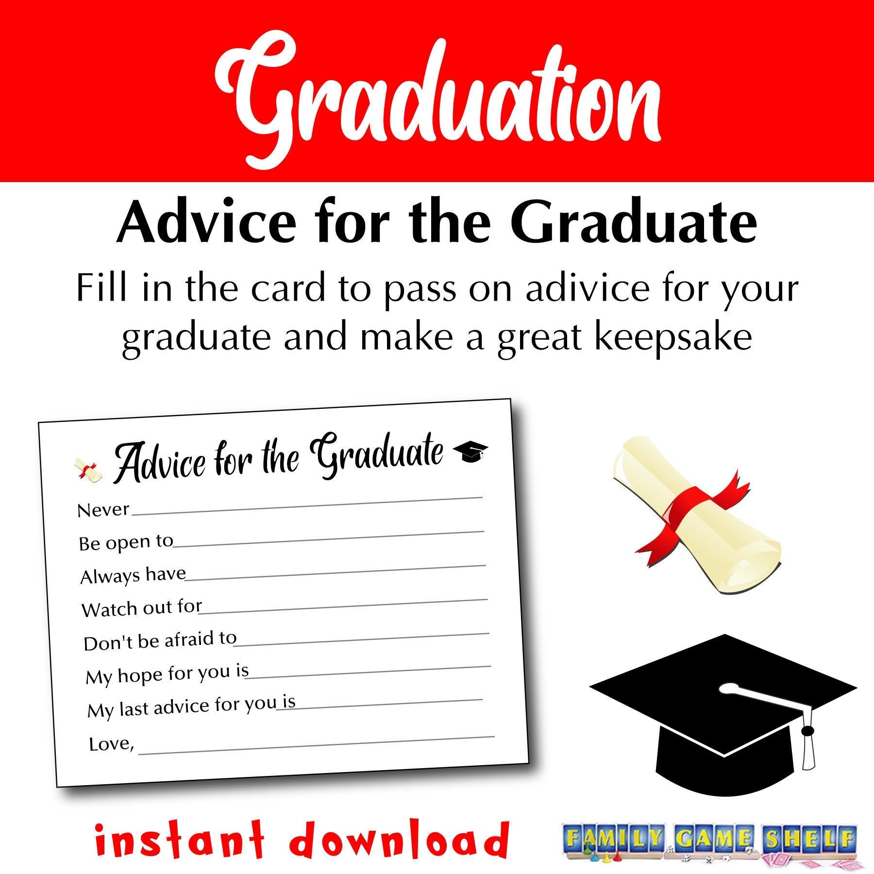 Advice for the Graduate Cards Printable, Graduation Keepsake, Grad ...