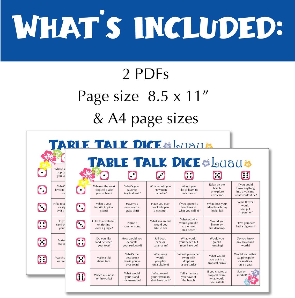 Table Talk Dice Game Icebreaker Game, Luau Dinner Game, Luau ...